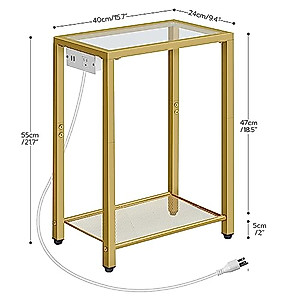 HOOBRO End Table, Side Table with Charging Station, 2-Tier Nightstand with Storage Shelves, Small Space Bedside Table, Telephone Table, Modern Coffee Table, Tempered Glass, Living Room, Gold GD56UBZ01