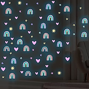 Boho Rainbow Wall Decor Stickers Small Rainbow Wall Decal Watercolor Rainbow Heart Sun Star Wall Stickers for Girls Boys Baby Bedroom Nursery Wall Decor (Luminous Blue)