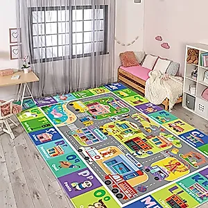 LTKOUGFAM Baby Playmat for Floor, Soft Plush ABC Kids Play Rug for Toddlers & Infants Baby Floor Mats, Kids Car Rug Mat with City, Large Non-Slip Area Rug for kids Room Playroom Bedroom (59X39.4 INCH)