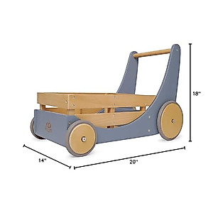 Kinderfeets 2-in-1 Wooden Cargo Walker Cart Wagon with Adjustable Rubber Wheels and Removable Basket for Children and Toddlers (Blue)