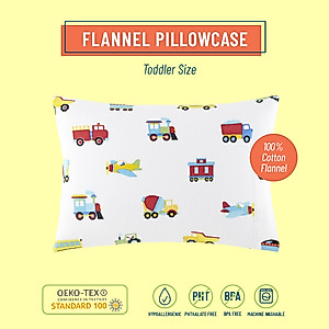 Wildkin Kids 100% Cotton Flannel Toddler Pillow Case for Boys & Girls, Measures 19 x 13.5 Inches Pillowcase for Kids, Soft & Breathable Fabric Pillowcases (Trains, Planes & Trucks)