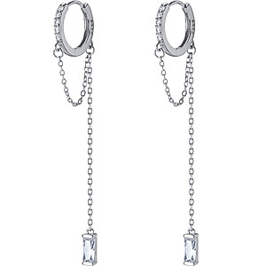 CZ Small Hoop Cuff Earrings With Long Chain Dangle S925 Sterling Silver for Women Girls Cartilage Sensitive Ears Fashion Elegant Cubic Zirconia Threader Tassel Dangling Hypoallergenic Gifts