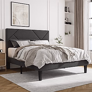 ikalido Queen Size Upholstered Platform Bed Frame with Geometric Upholstered Headboard, Strong Wood Slats Support, Mattress Foundation, Dark Grey