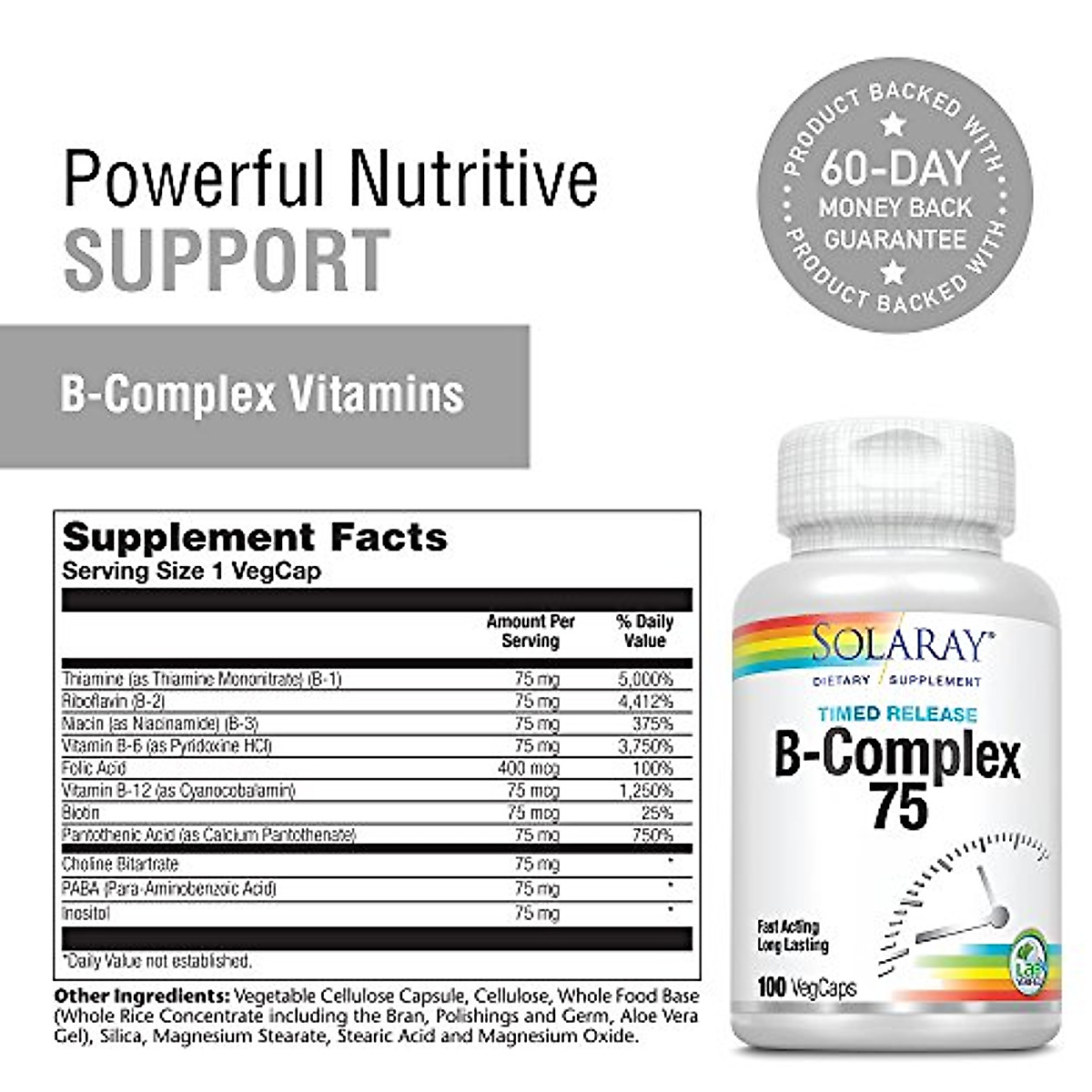 SOLARAY Vitamin B-Complex 75mg | Two-Stage Timed-Release for Extended Availability | Support for Hair, Skin, Nails, Nerves, Immune Function | 100 CT