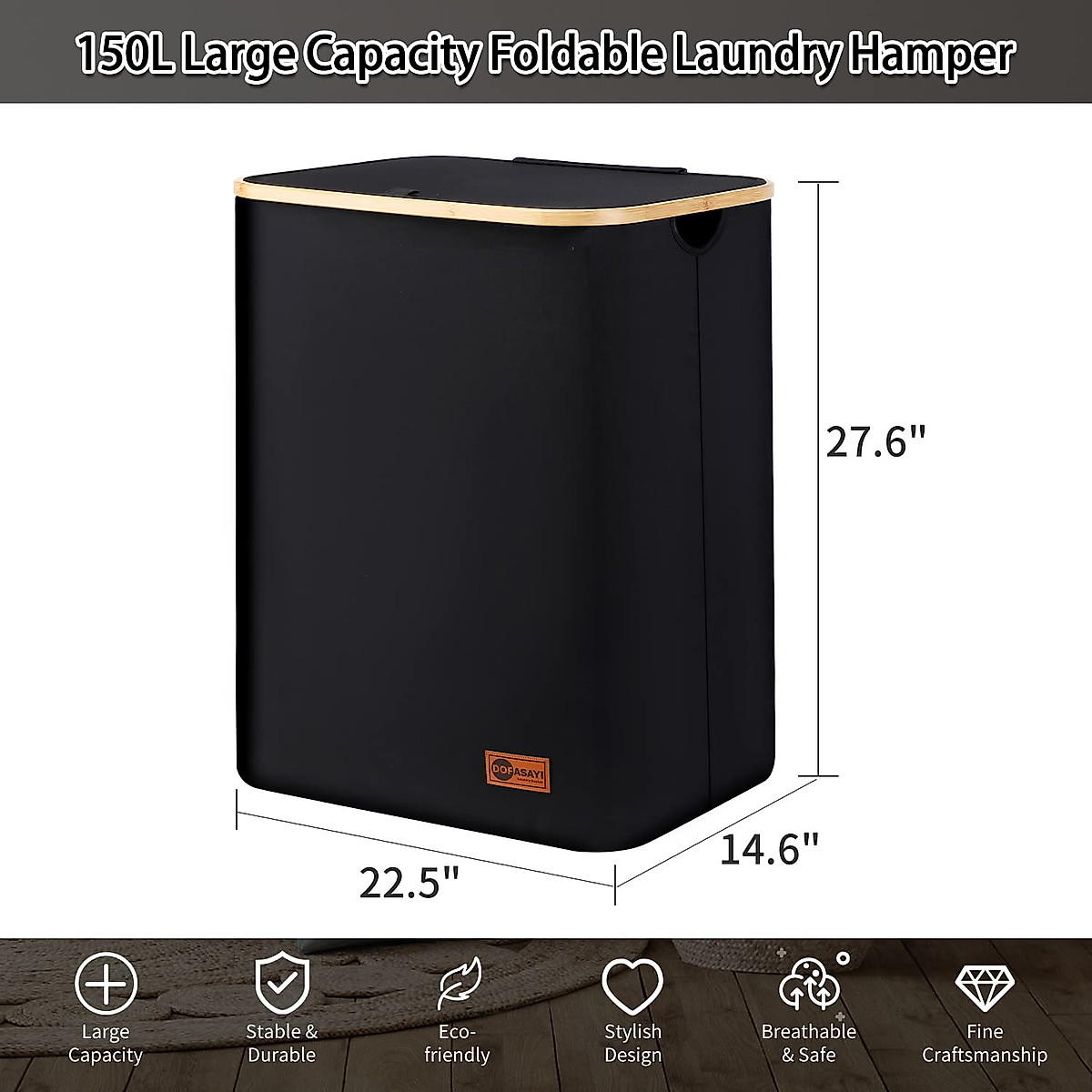 150L Large Laundry Hamper with Lid - Tall Laundry Basket with Removable Bag, Bamboo Handles, Collapsible, Sturdy, Hamper for Bedroom, Bathroom, Dorm, Laundry Room, Black
