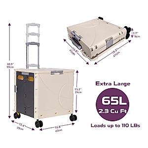 Kutatek Foldable Utility Cart, Collapsible Rolling Crate, 4 Universal Wheels with Two Brakes, Never-Lost Hinged Lid, Telescopic Handle for Home, Grocery, Office, School, Camping use (Beige, 2.3 Cu Ft)