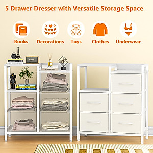Furnulem White Dresser for Bedroom, Small Nightstand with 2-Tier Open Shelf and 5 Fabric Drawers, Storage Unit Organizer Tower Furniture for Living Room, Hallway, Dorm, Closets(White)