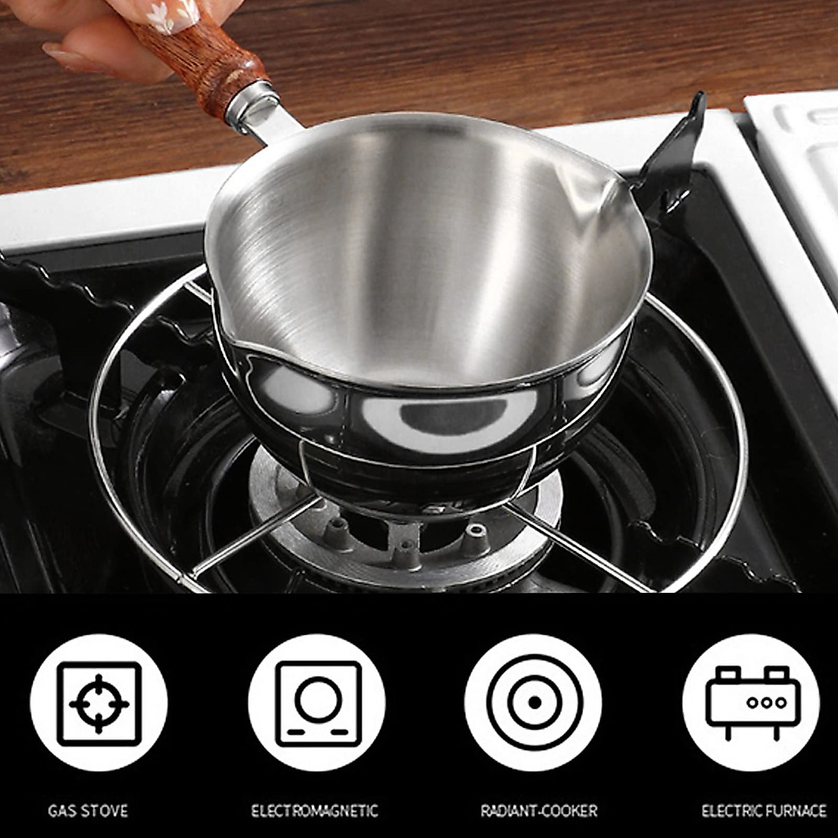 Butter Coffee Milk Warmer,Stainless Steel Coffee Pot Milk Warmer Pot Mini Saucepan with Wooden Handle for Oil Milk Kitchen(200ml)