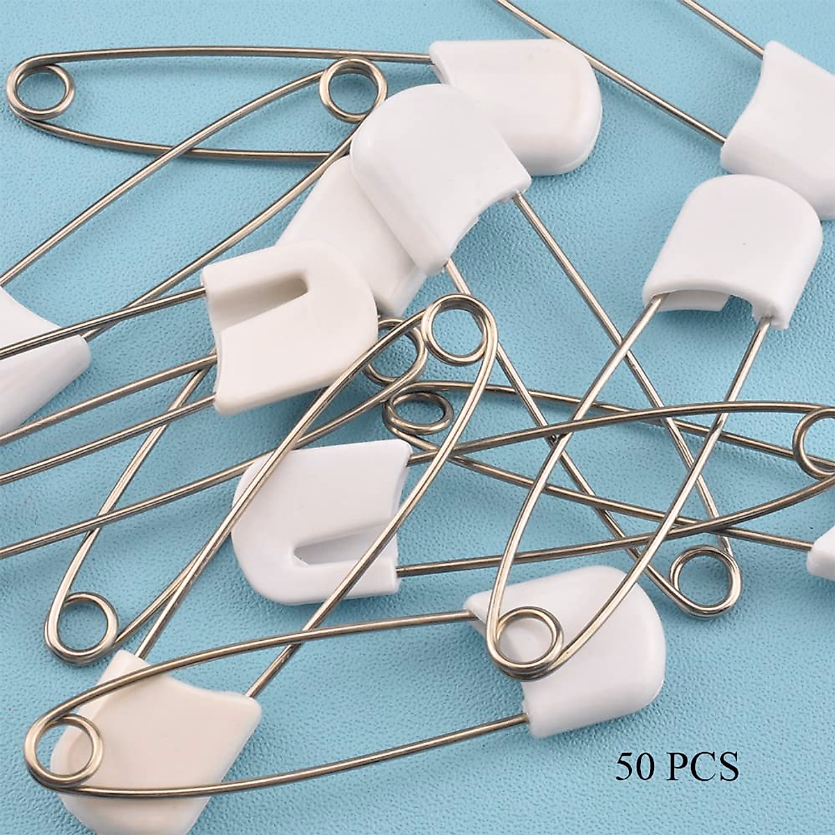 HAHIYO 52mm Length Plastic Head Cloth Pins Closed Sturdy Easy Penetrate Safer Operate Reusable Durable Stainless Steel Nappy Diaper Pin White 50 PCS for Sock Towel Bed Sheet Vurtains Clothing
