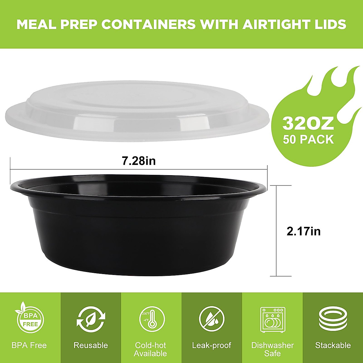 WGCC Meal Prep Containers with Lids - 50Pack 32OZ Meal Prep Bowls, Disposable Food Prep Containers, Round To Go Containers with Lids, BPA-Free, Freezer & Dishwasher Safe