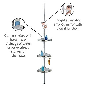 WENKO Telescopic Shower Corner Element Premium 3 Shelves, 2 Hooks and Mirror