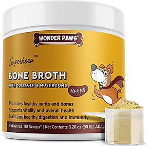 Wonder Paws Bone Broth for Dogs – Bone Broth Powder with Organic Mushrooms & Collagen for Digestion, Immunity & Joint Support – Tasty Beef Supplement for Dogs of All Ages, Sizes & Breeds – 3.20 oz