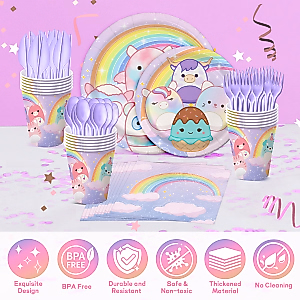 CAILESS Kawaii Squish Birthday Party Supplies, 117Pcs Cute Kitty Animal Party Decoration Include Plates Cups Napkins Cutlery Tablecloth Disposable Set Serves 16 Guests for Kids Birthday Party