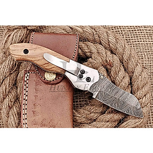 HUNTEX Custom Handmade Hand-Forged Twist Pattern Damascus Steel 3.7 Inch Long Natural Olive Wood Handle Razor Sharp Hunting Folding Pocket Wharncliffe Knife with Pocket Clip & Genuine Leather Pouch