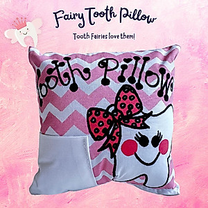 Bunnies and Bows Tooth Fairy Pillow with Tooth Fairy Dust and Poem - Tooth with Bow on Chevron Print (Pink)