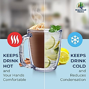 Clear Coffee Mugs set of 2, Unbreakable, Microwave, Freezer, Top-Rack Dishwasher Safe, 12 oz Plastic Tumblers w/ Handle, Mocha Latte Tea & Water Clear Drinking Cups look like Glass Made in USA