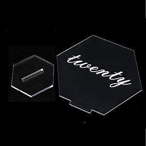 HighFree Hexagon Acrylic Table Numbers 1-20 with Stand - Printed Calligraphy Place Cards, Clear Acrylic Table Numbers for Wedding Reception, 4x4.5 inch, Set of 21