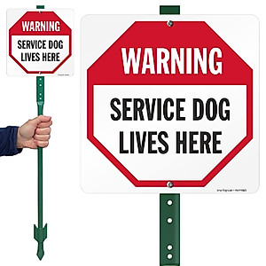 SmartSign 10 x 10 inch “Warning - Service Dog Lives Here” Yard Sign with 3 foot Stake, 40 mil Laminated Rustproof Aluminum, Red, Black and White, Set of 1, Made in USA
