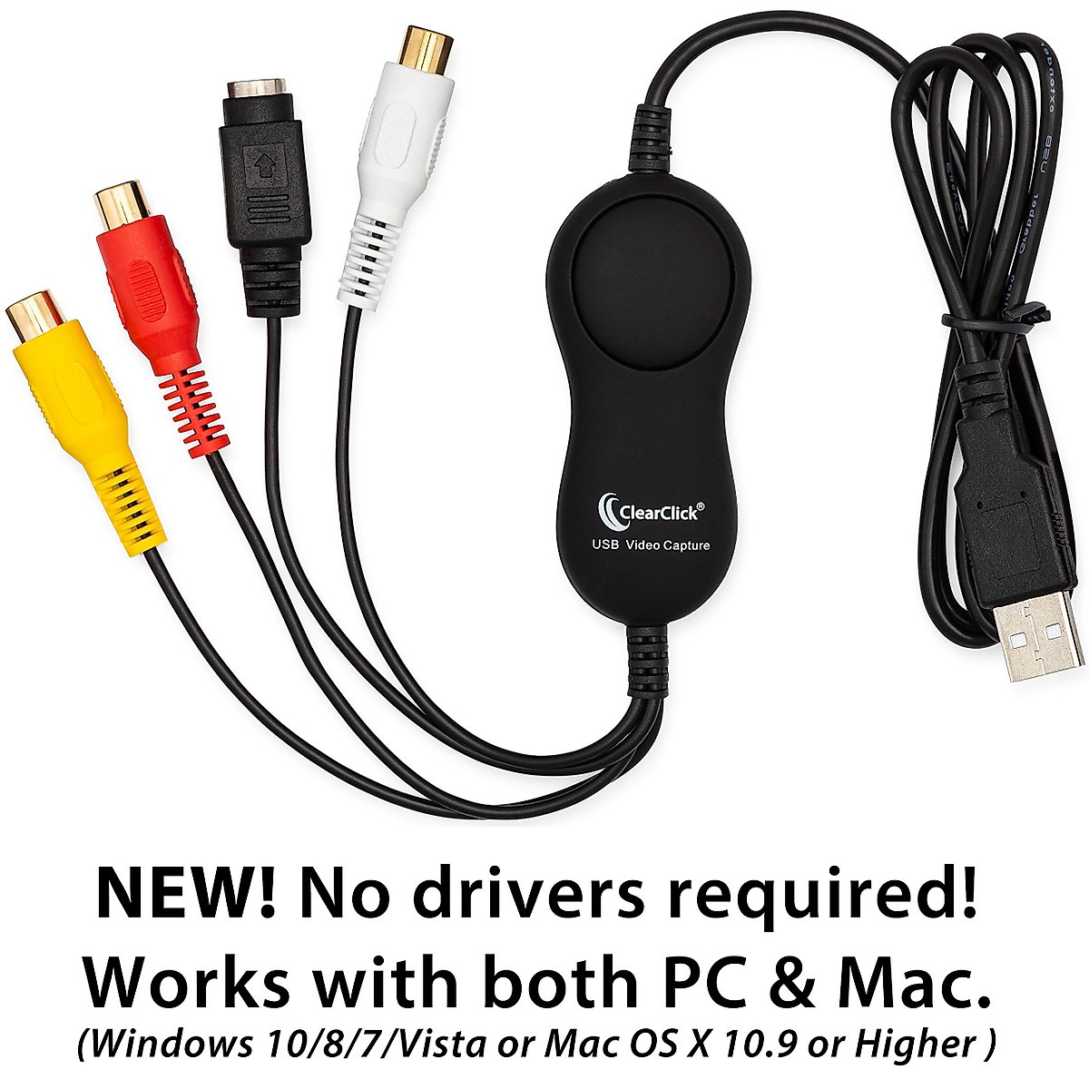 ClearClick VHS to DVD Kit for PC & Mac - USB Device, Software, Instructions, & Tech Support - Capture Video from VCR, VHS, Hi8, Camcorders, Gaming Systems