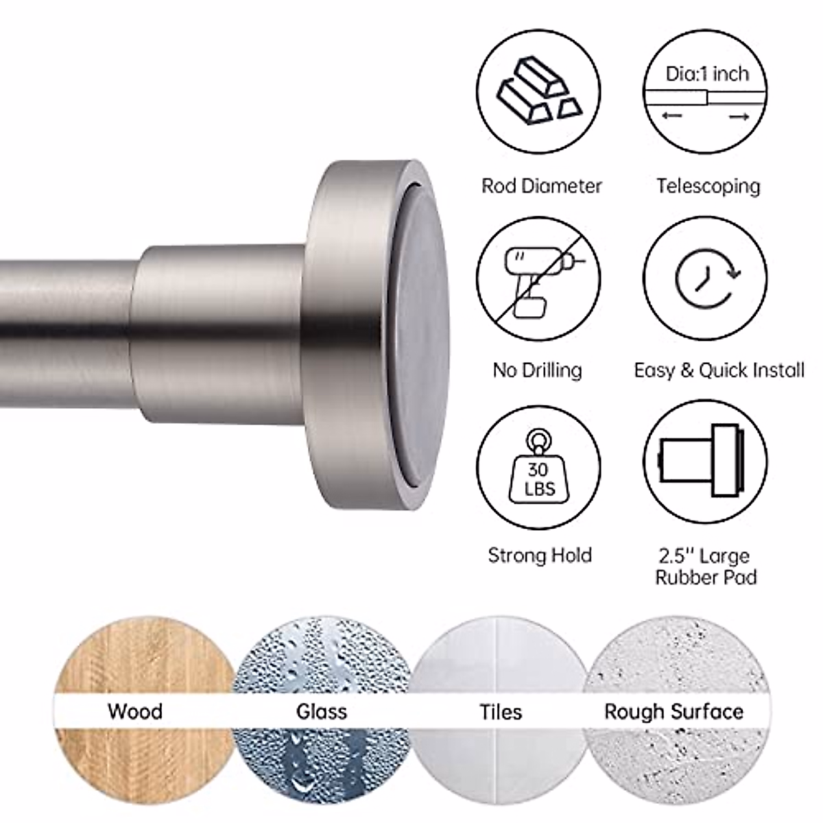 EBOATOP Brushed Nickel Shower Curtain Rod - Never Rust No Drill Non-Slip Spring Tension Shower Rod, 27-43 inches 304 Stainless Steel, Brushed Nickel