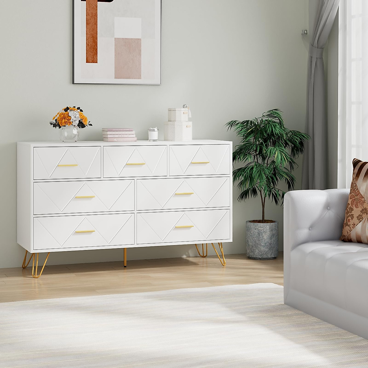 CARPETNAL White Dresser for Bedroom, 7 Drawer Dresser with Wide Drawers and Metal Handles, Wood Dressers & Chests of Drawers for Hallway, entryway.