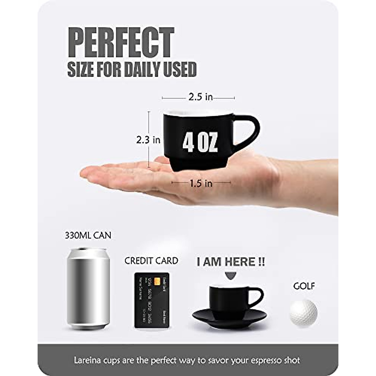 Lareina Porcelain Stackable Espresso Cups with Saucers, Spoons and Metal Stand 4 Ounce Small Cappuccino Coffee Cups Set of 6 - Ceramic Demitasse Cups for Nespresso Lungo, Double Espresso, Black