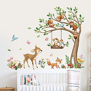 decalmile Woodland Animals Tree Wall Decals Deer Monkey Fox Squirrel Wall Stickers Kids Baby Nursery Bedroom Playroom Wall Decor