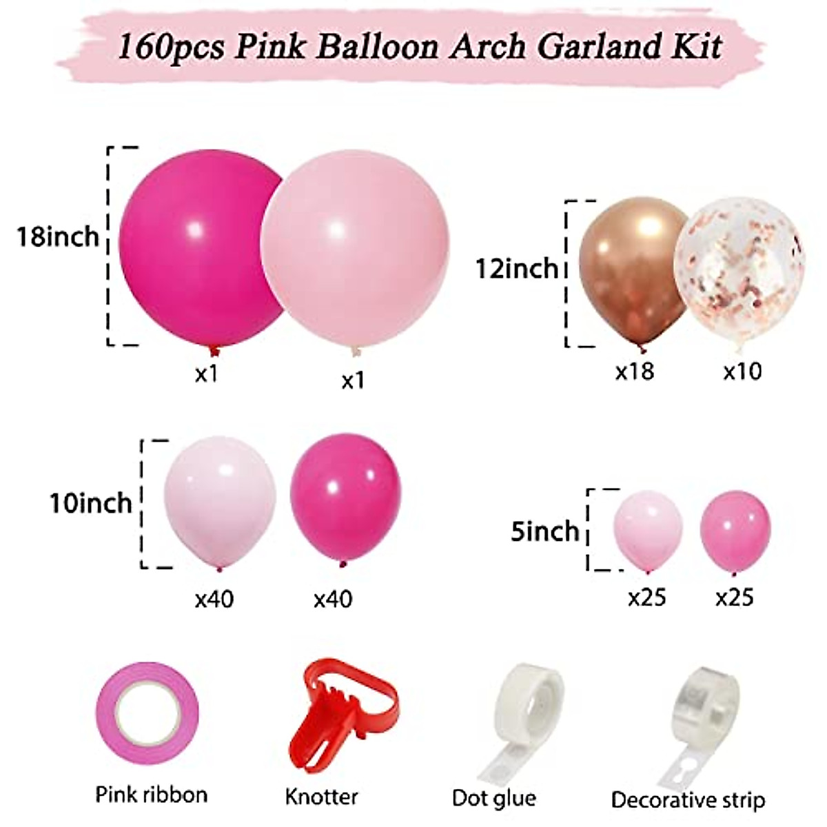 RUBFAC Pink Balloon Arch Garland Kit, Hot Pink Rose Gold Chrome Balloons for Birthday Shower Princess Theme Party Background Decorations