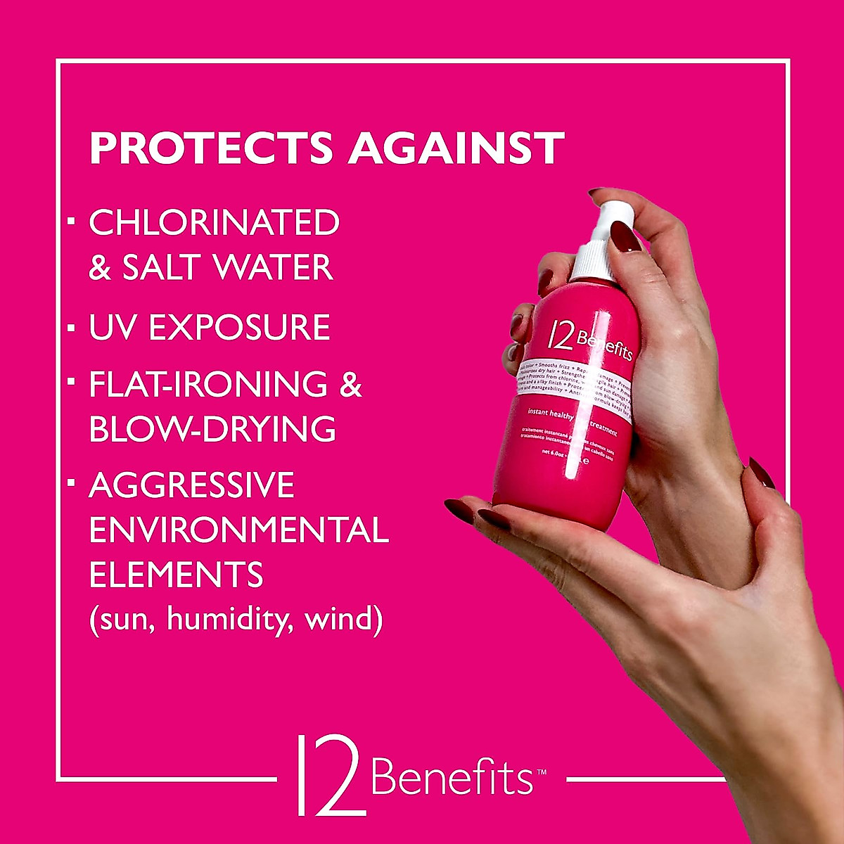 12 Benefits Instant Healthy Hair Treatment - Leave In Conditioner Spray with Quaternium 39 and Silk Fibre Protein - Smooths Frizz, Strengthens & Repairs Damaged Hair - Made in USA, (6 Fl Oz)