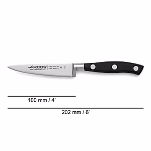 ARCOS Paring Knife 4 Inch Stainless Steel. Kitchen Knife for Peeling Fruits and Vegetables. Ergonomic Polyoxymethylene Handle and 100mm Blade. Series Riviera. Color Black