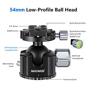 Neewer Low Profile DSLR Camera Tripod Ball Head, 54mm All Metal Panoramic Camera Mount Tripod Head with 1/4” Quick Release Plate for DSLR Camera/Camcorder, Tripod, Monopod, Slider, Max Load 77lb/35kg