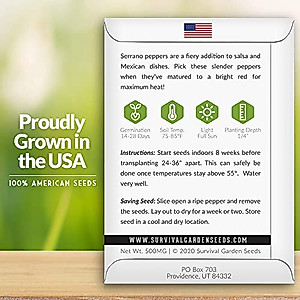 Survival Garden Seeds - Serrano Pepper Seed for Planting - 5 Packs with Instructions to Plant and Grow Spicy Mexican Peppers in Your Home Vegetable Garden - Non-GMO Heirloom Variety