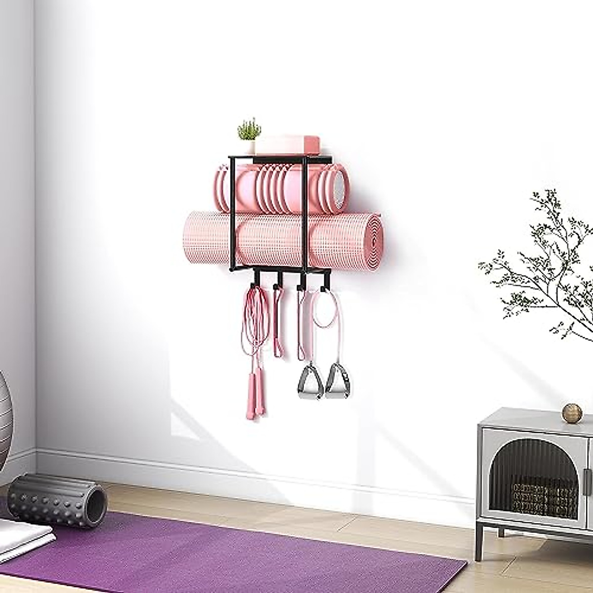 Camping Chair Storage, Metal Camping Chair Holder for Garage with 4 Hooks, Beach Chair and Umbrella Wall Storage Rack, Black