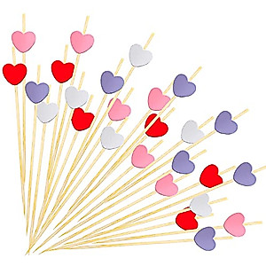 YSSAI 200 Counts Heart Shaped Cocktail Picks Heart Fancy Toothpicks 4.7 Inch Handmade Bamboo Cocktail Skewers Sticks for Valentine's Day Wedding Mother's Day Festival Party Favor Red Pink Purple White