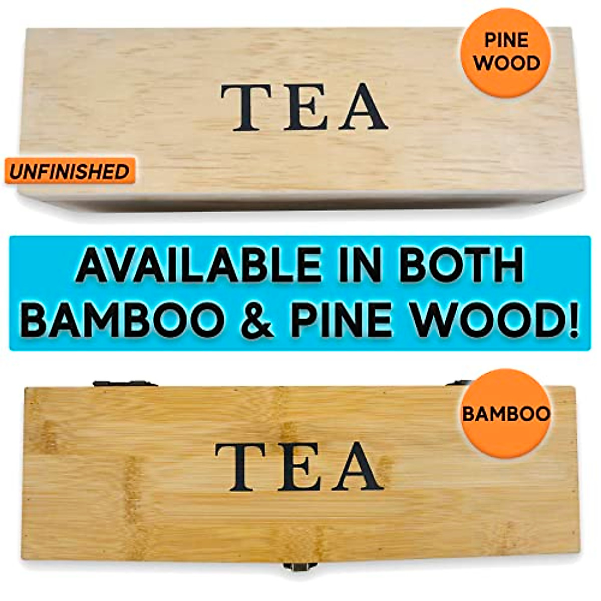 Zen Earth Inspired Bamboo Tea Organizer Box Chemical Free Eco-Friendly Big, Tall, Adjustable Cubbies Natural Wooden Storage Chest (4-Slot Rectangle 14.3"x 4.4" x 4.2" with TEA print design)