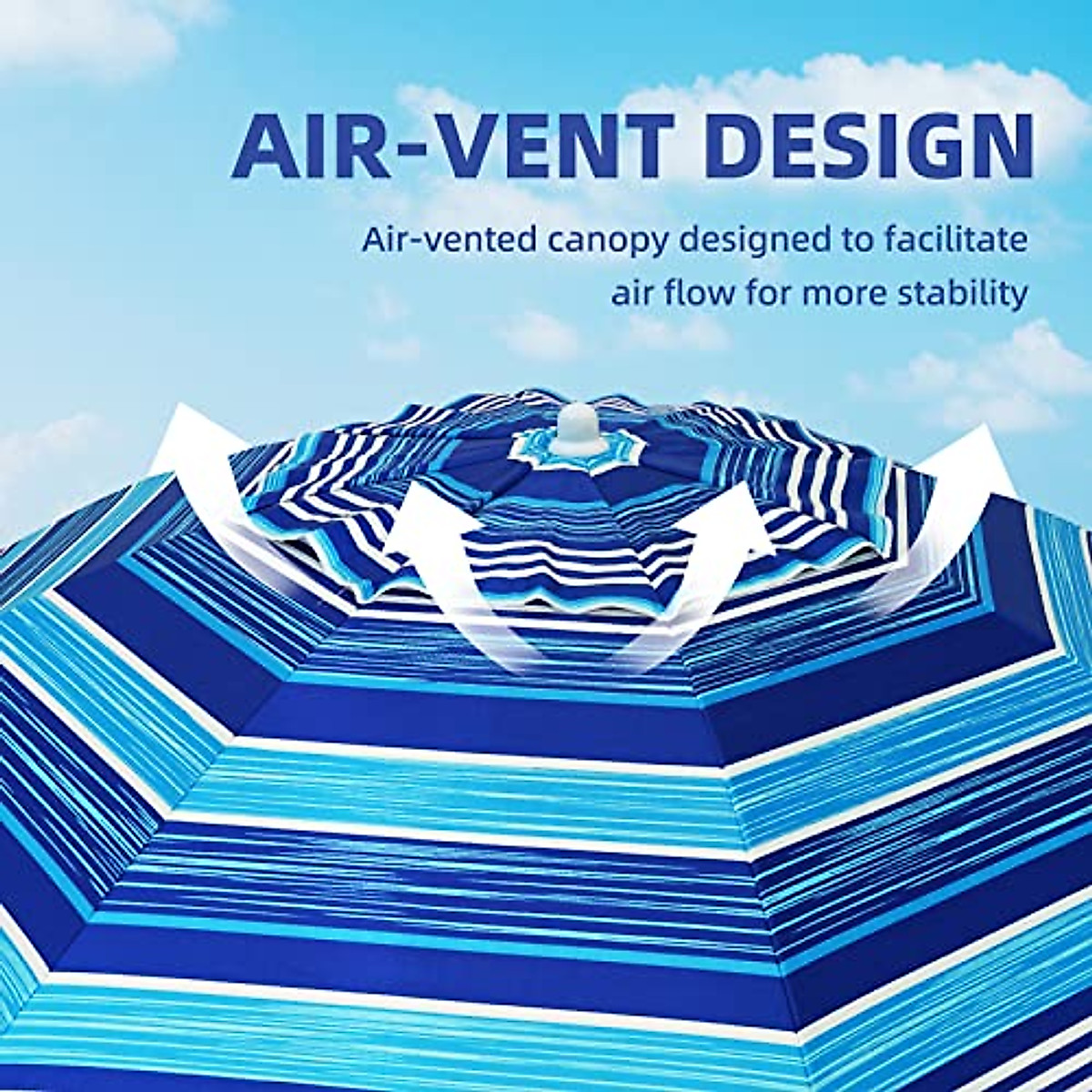 AMMSUN 6.5 Foot Heavy Duty HIGH Wind Beach Umbrella with tilt Sun Shelter, UV 50+ Protection Outdoor Sunshade Umbrella with Carry Bag for Patio Garden Beach Pool Backyard stripe Blue