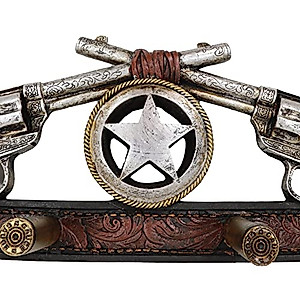 Ebros Gift Rustic Western Old World Dual Six Shooter Revolver Gun Pistols with Western Star 4 Pegs Coat Key Hat Leash Wall Hanging Bullet Ammo Shaped Hooks Country Decorative Organizer