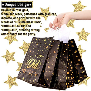 Whaline 12Pcs Graduation Gift Bag with White Tissue Paper Congrats Grad Party Favor Bags with Handle 4 Designs Black Gold Paper Congratulations Treat Candy Bag for College High School