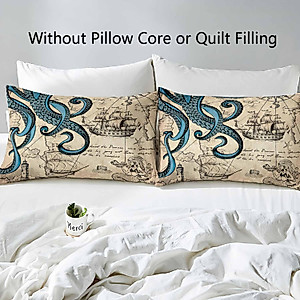LUVIVIHOME 3PCS Ocean Octopus Duvet Cover Queen Bedding Sets, Nautical Coastal Sailboat Lighthouse Mermaid Teal Kraken Tentacles Marine Sea Animal Vintage Brown Comforter Quilt Cover, 2 Pillow Cases