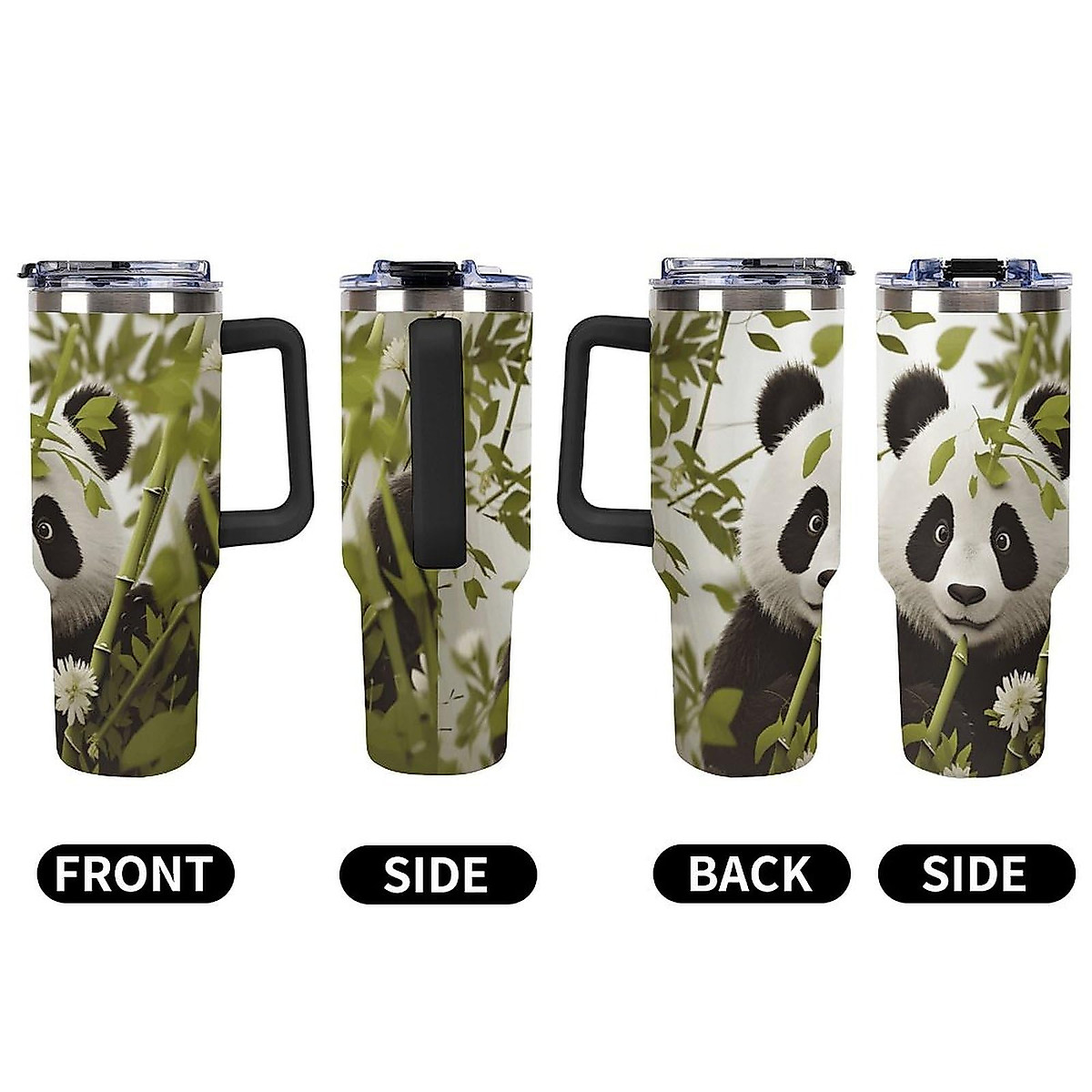 YTLKGFP 40 Oz Large Capacity Car Cup Panda Tumbler with Handle (Black) Straw Lid Insulated Stainless Steel Water Bottle Travel Mug Leak-proof Car Cup Keeps Cold Or Hot