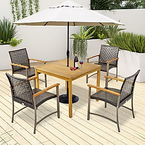Tangkula Patio Dining Chairs Set of 4, Outdoor PE Wicker & Heavy-Duty Metal Chairs with Acacia Wood Armrests, Outdoor Rattan Armchairs for Garden, Backyard, Poolside, Balcony (Mix Brown)
