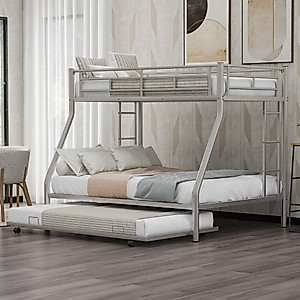 Merax Twin Over Full Bunk Bed with Trundle, 3 in 1 Triple Bunk Beds, Sturdy Steel Bunk Beds Frame for 3 Kids/Teens with Two Side Ladders and Safety Guard Rail,Silver Color