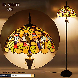WERFACTORY Tiffany Floor Lamp Double Birds Amber Stained Glass Standing Reading Light 16X16X64 Inches Antique Pole Corner Lamp Decor Bedroom Living Room Home Office S805 Series