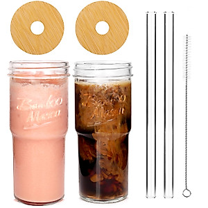 ANOTION Glass Cups with Lids and Straws 2 Packs, 24oz Travel Coffee Mug Wide Mouth Mason Jar Iced Coffee Cup Smoothie Cup Glass Tumbler Tea Cup Clear Cute Water Cups Drinking Jars Glasses
