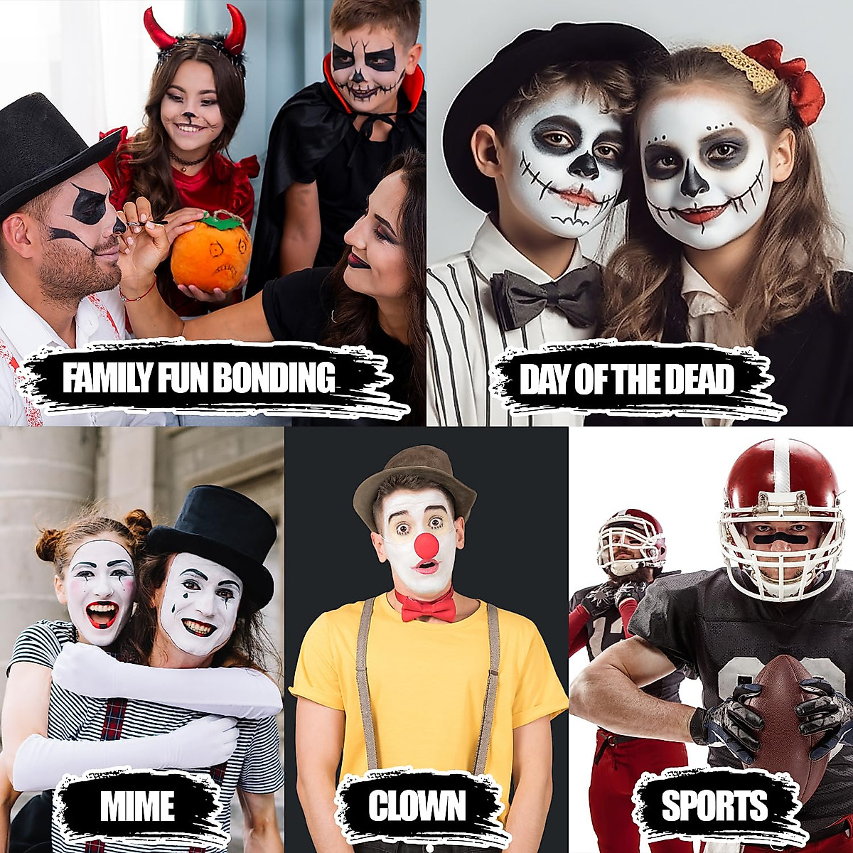 Jim&Gloria Black and White Face Paint + Painting Brush + UV Glow Tattoos, Sweatproof & Water Resistance Paints, Professional Palette Makeup Kit for Halloween SFX Costume Skeleton Clown Joker Mime