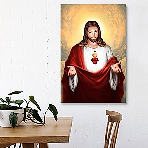FireDeer Catholic Jesus Poster Print On Canvas Painting Christian God Pictures for Living Room No Frame (Sacred Heart of Jesus-2,16x24inch)
