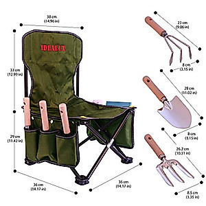 IDEALUX Garden Tools Set, Gardening Outdoor Folding Camping Chairs with Garden Tool Bag, 3 Steel Garden Tools, Gardening Seats Gardening Chair Seniors with Garden Folding Stool Lawn Chair（Army Green）