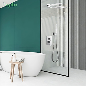 Heyalan Shower System Square Rain Shower System Head Shower Faucet Fixture 2 in 1 Handheld Shower Sprayer Rough in Valve Wall Mount Bathroom Rainfall Combo Set High Pressure,10 Inch,Polished Chrome