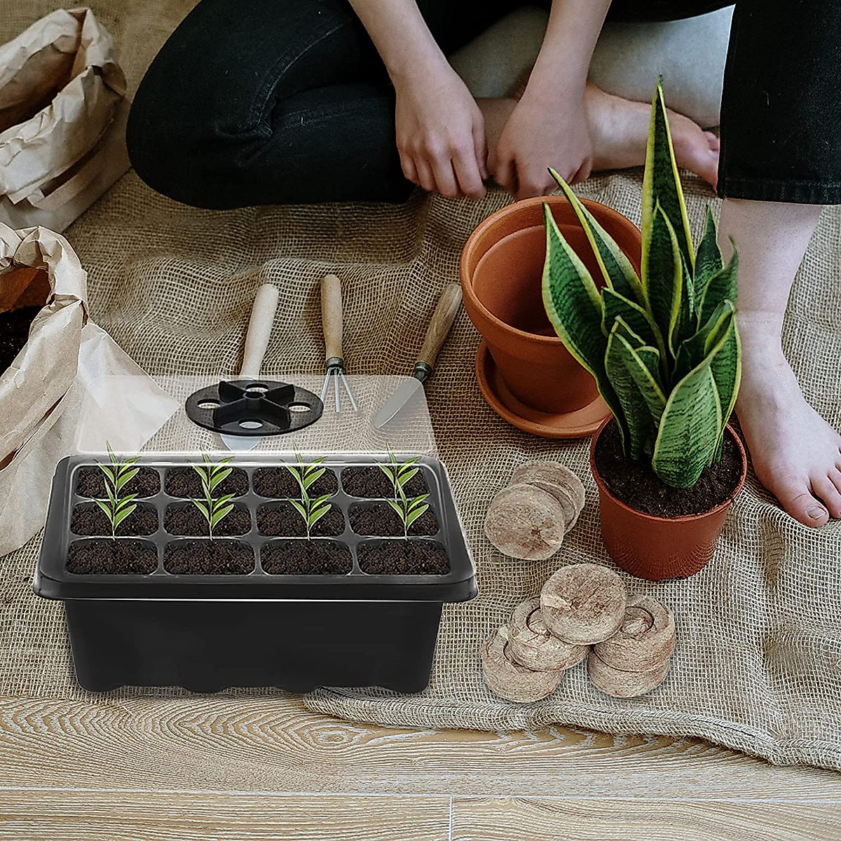 Halatool Seed Starter Kit 4 Pack 48 Cells Black Seed Starter Tray with 50 PCS Peat Pellets for Seedlings Organic Seed Stater Soil Pods for Planting Vegetables Plants Flowers & Starting Seeds