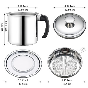 Berglander Bacon Grease Container With Strainer 47oz/1.4L, Stainless Steel Oil Storage Container with Fine Mesh Strainer Dust-proof for Storing Frying Oil and Cooking Fat, Cooker Accessories